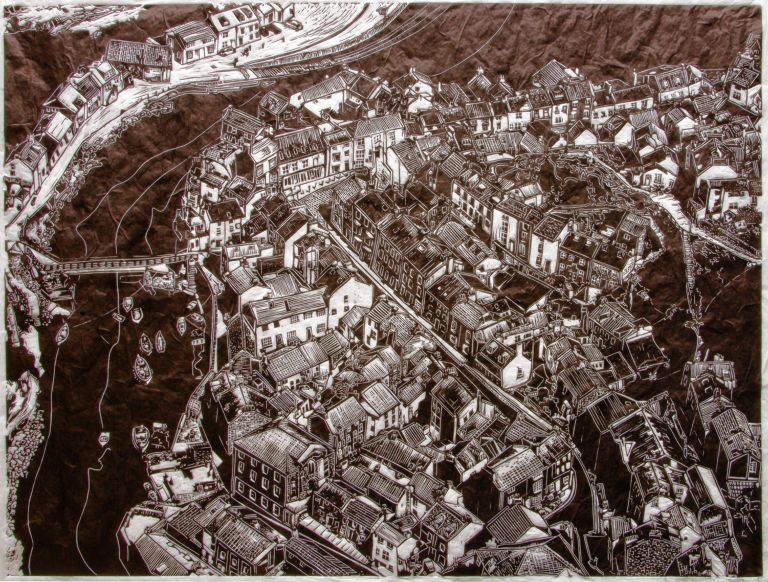 Landing Place, linoleum block print, by Nori Pepe - The Concord Insider